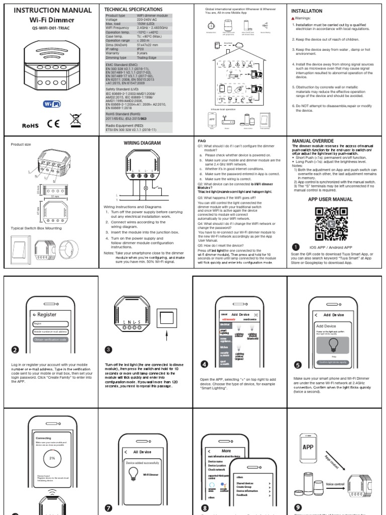 Installation Manual and User Guide for the QS-WIFI-D01-TRIAC WiFi Dimmer Module | PDF | Wi Fi ...
