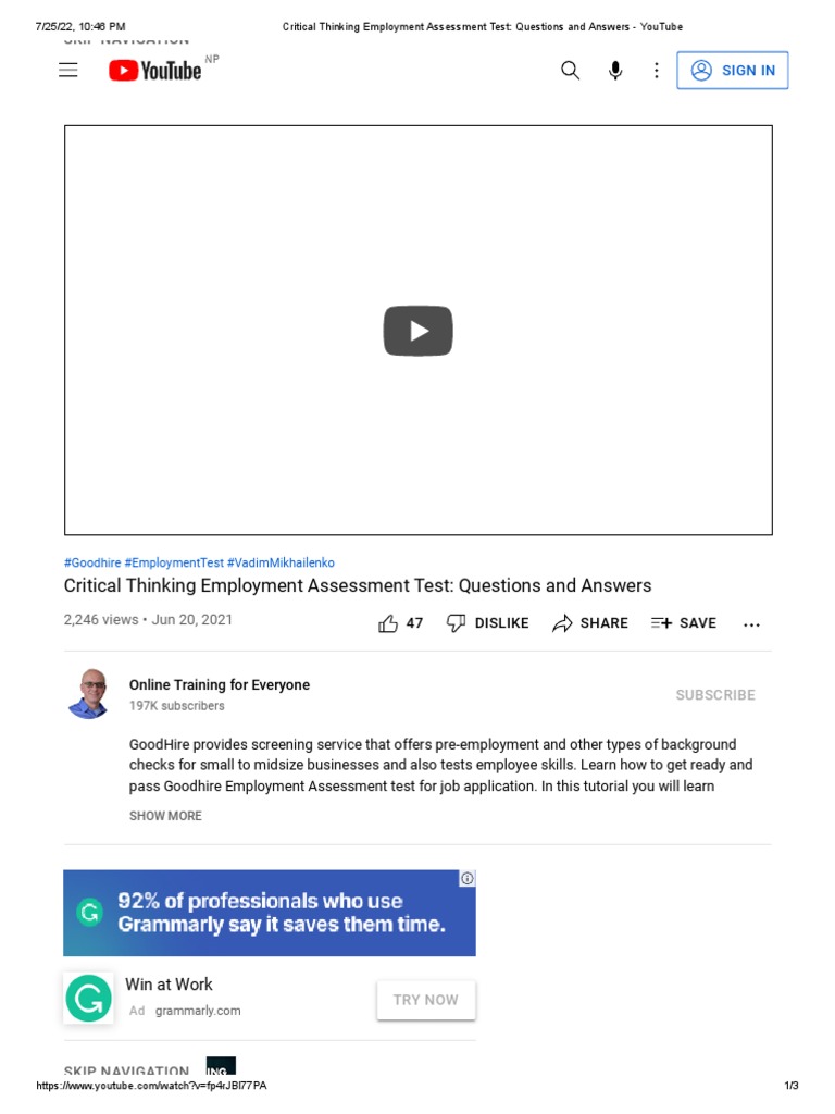 Critical Thinking Employment Assessment Test - Questions and Answers ...