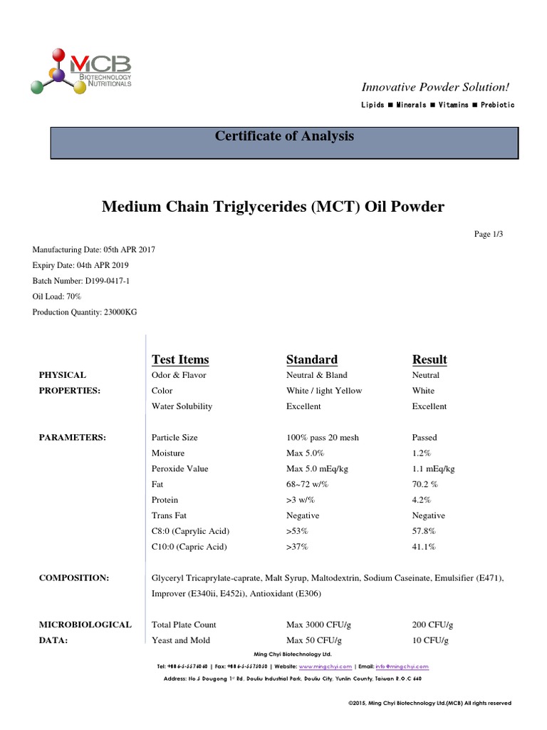 COA-Medium Chain Triglycerides (MCT) Oil Powder (1060405) | PDF ...