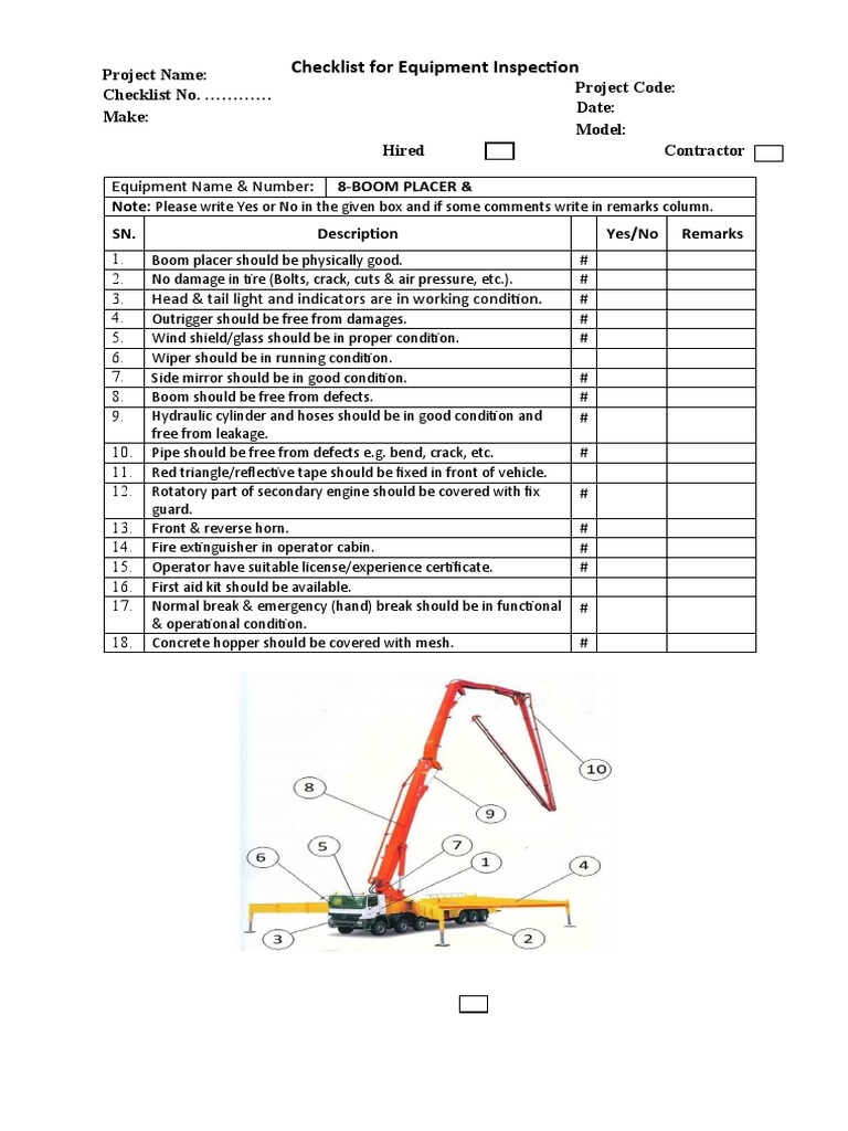 Checklist For Equipment Inspection BOOM PLACER | PDF | Business | Computers