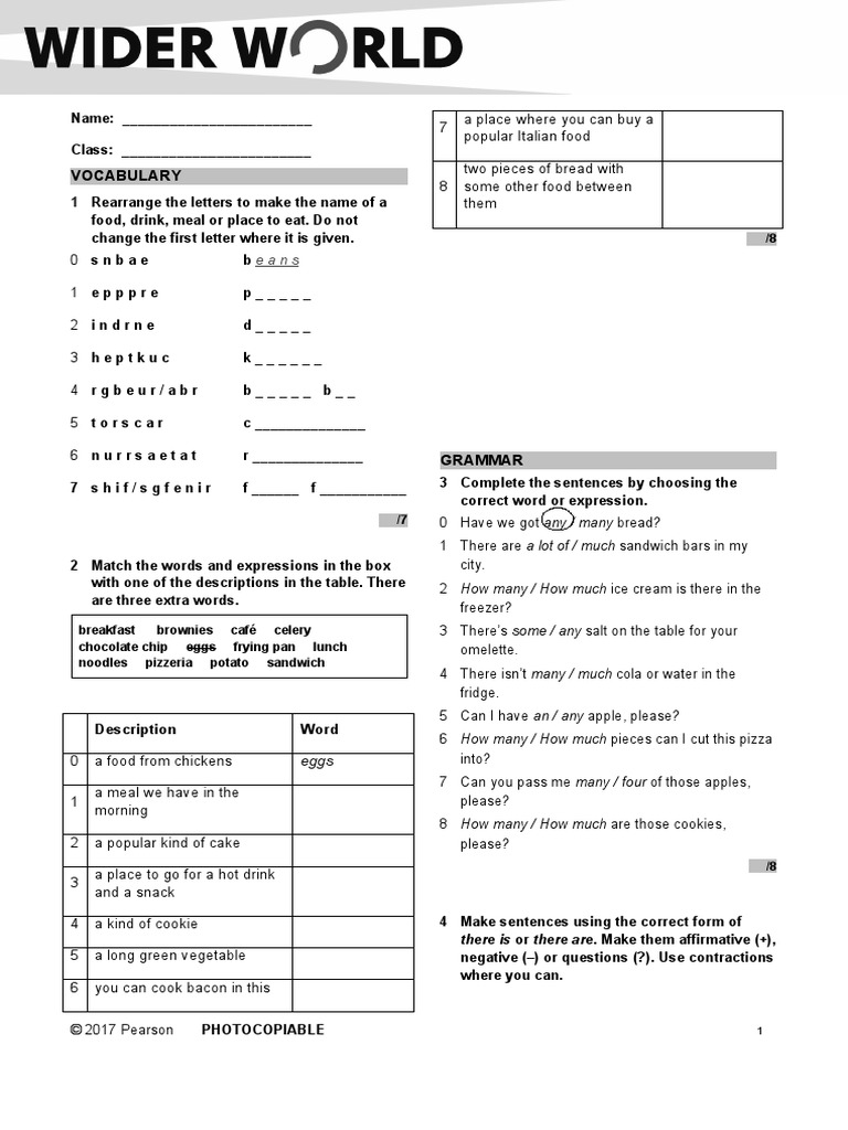 WIDGB1 Utest Language 2A | PDF | Meal | Food And Drink