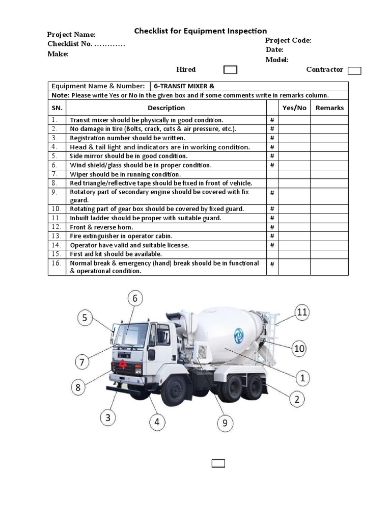 Checklist For Equipment Inspection TRANSIT MIXER | PDF