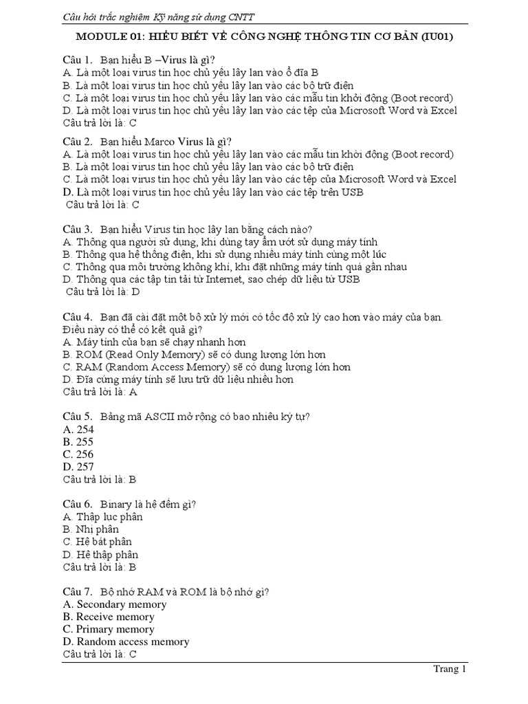 Ngan Hang Cau Hoi Trac Nghiem CNTT Co Ban | PDF