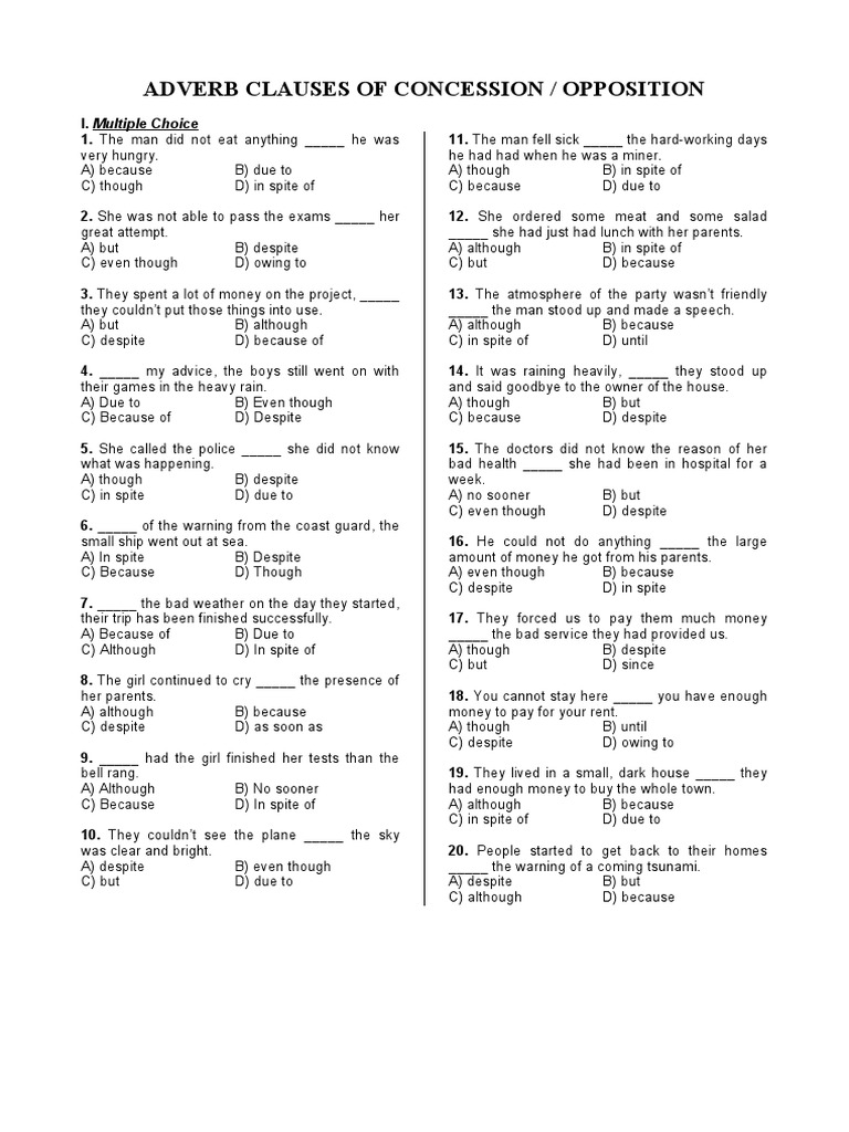 Adverb Clauses of Concession Exercises | PDF