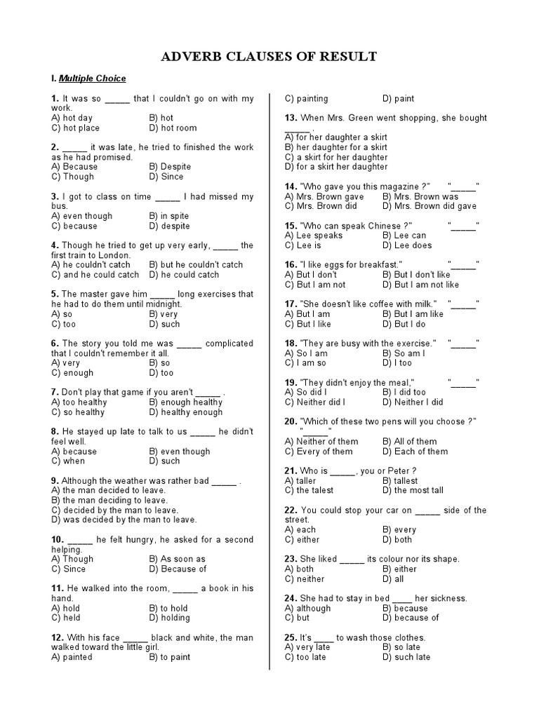 Adverb Clauses of Result Exercises | PDF