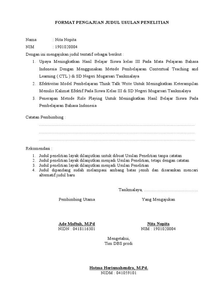 Format Pengajuan Judul Usulan Penelitian | PDF