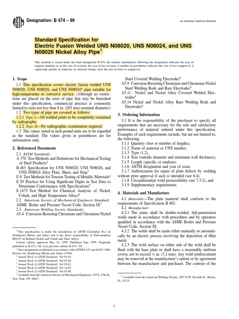 Electric Fusion Welded UNS N08020, UNS N08024, and UNS N08026 Nickel ...