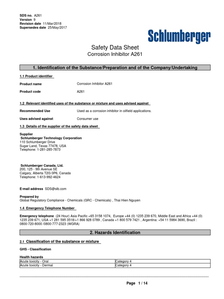 Safety Data Sheet: Corrosion Inhibitor A261 | PDF | Firefighting ...