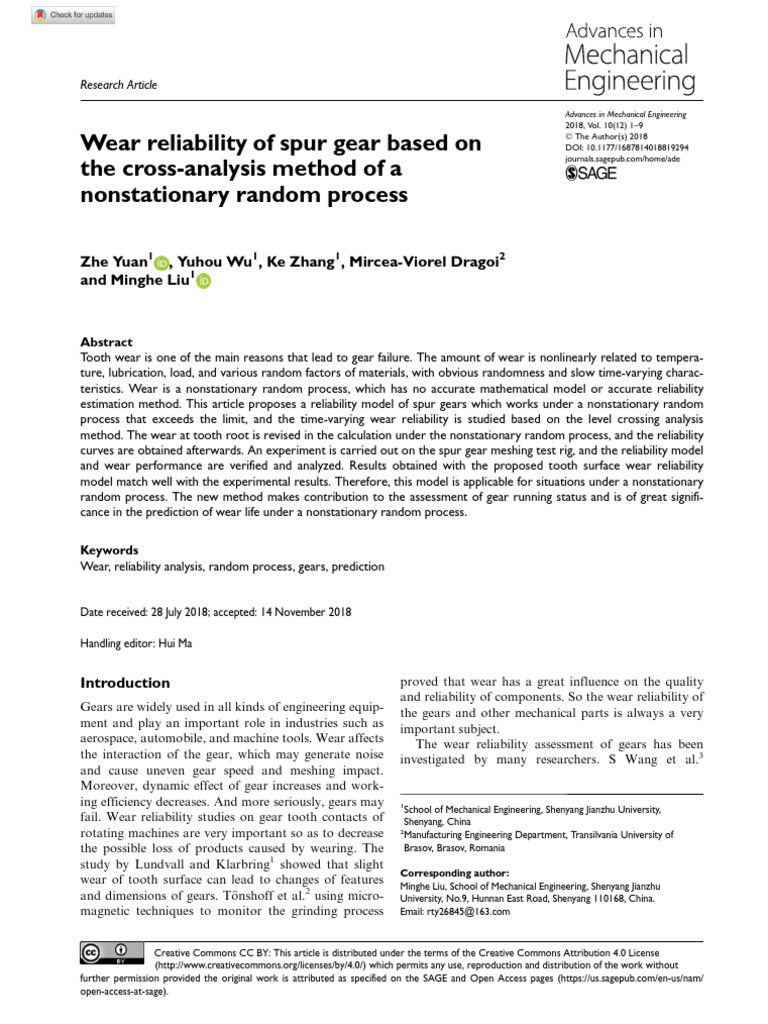 Wear Reliability of Spur Gear Based On The Cross-A | PDF | Gear | Wear