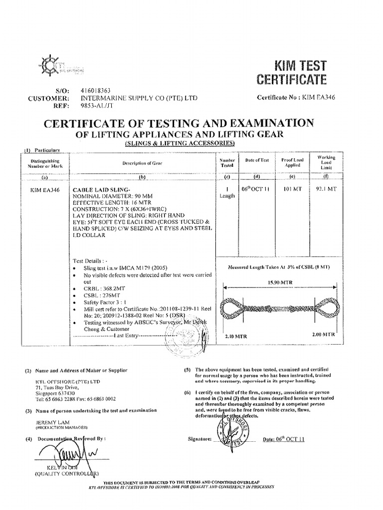 Sling Dia 90mm-Cert Load Test (KIM Test) | PDF