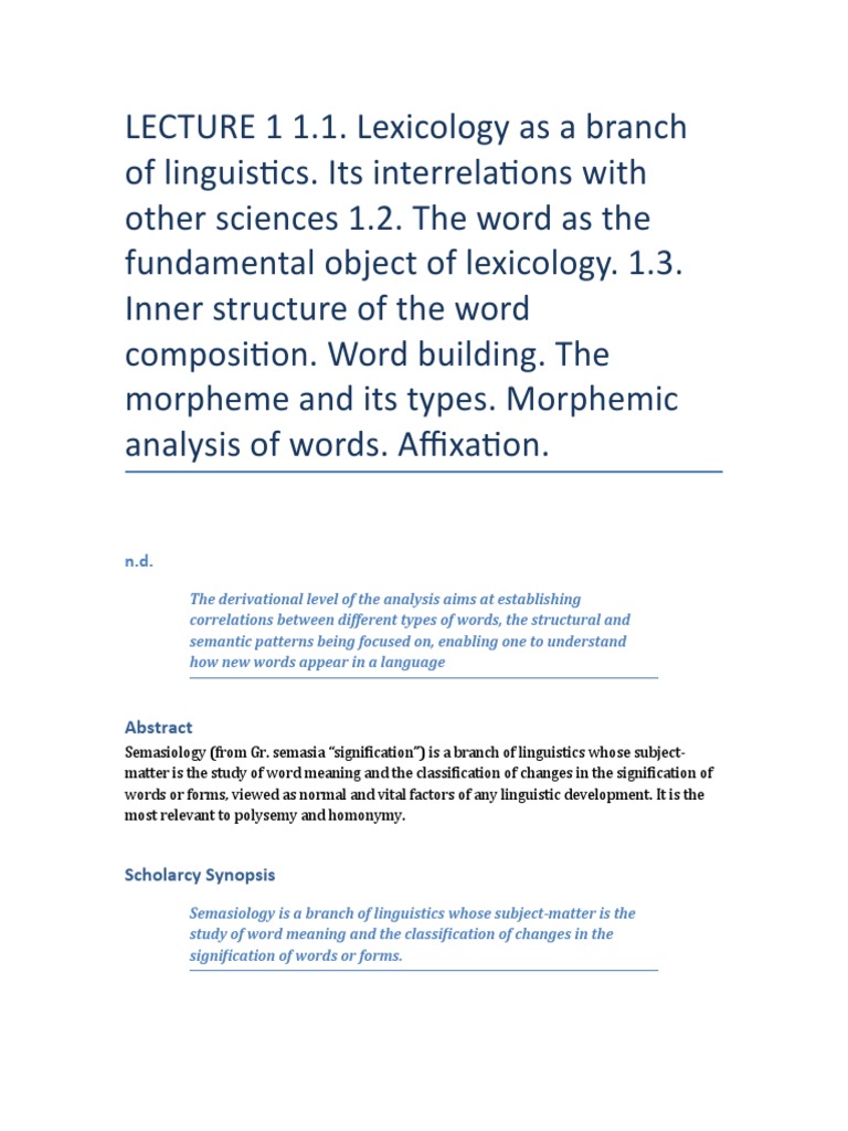 Lexicology and Semasiology Overview | PDF | Word | Lexicology