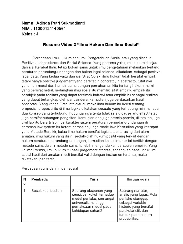 Resume Video 3 "Ilmu Hukum Dan Ilmu Sosial": Nama: Adinda Putri Sukmadianti NIM: 11000121140561 ...