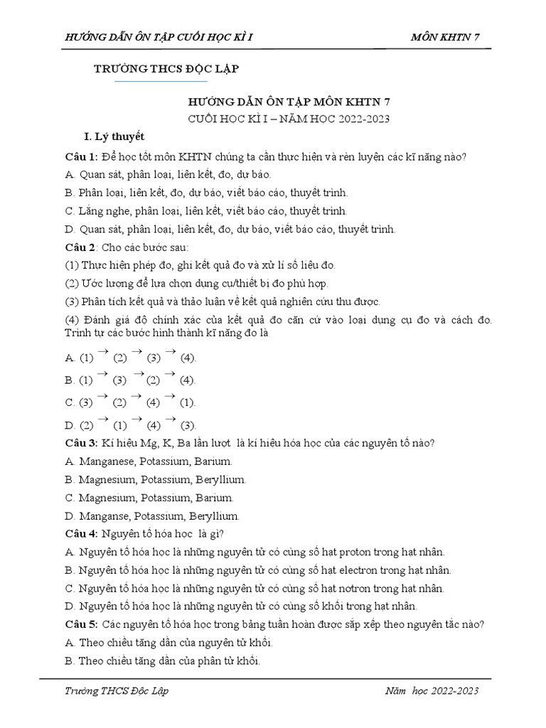 DE CUONG CUOI KI 1 - KHTN 7 833ce | PDF