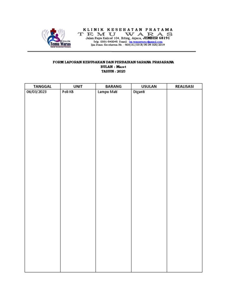 Form Laporan Kerusakan Dan Perbaikan Sarana Prasarana | PDF