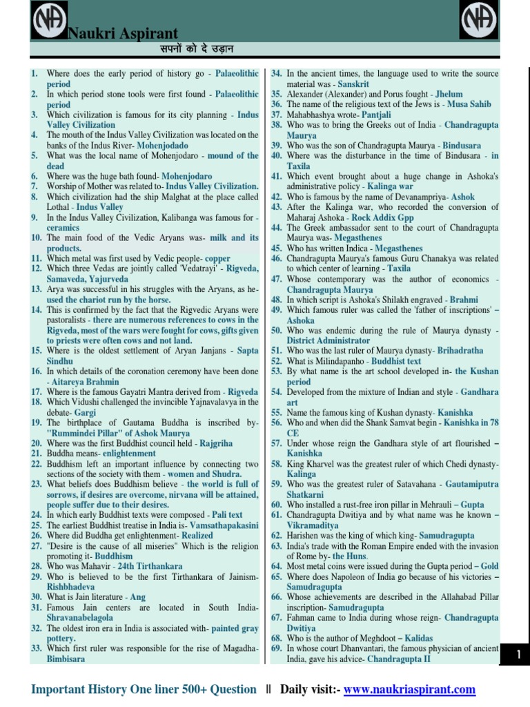 History One Liner English | PDF | Ashoka | Mughal Empire