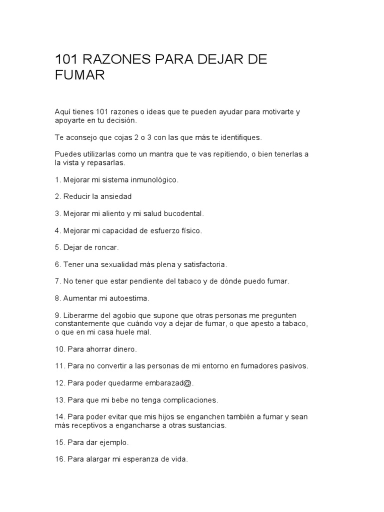 101 Razones para Dejar de Fumar | PDF | Nicotina | Cigarrillo 101 Razones para Dejar de Fumar | PDF | Nicotina | Cigarrillo