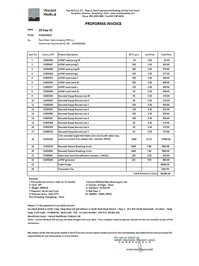 Proforma Invoice: Vincent Medical | Download Free PDF | Wire Transfer ...