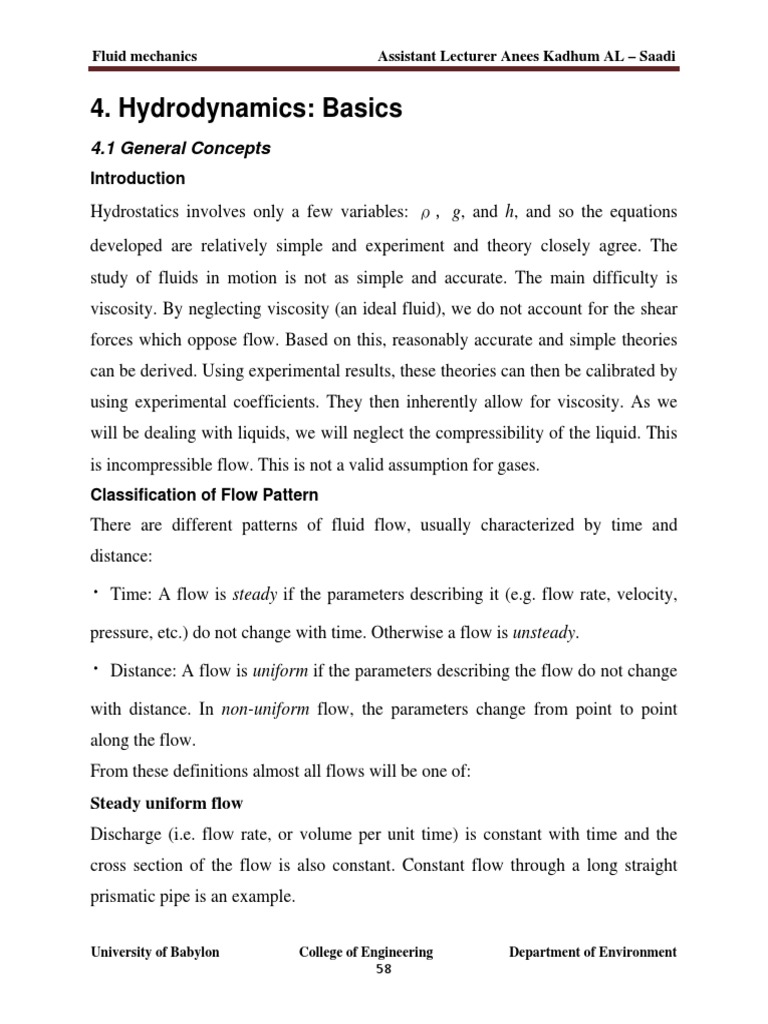 Hydrodynamics: Basics: 4.1 General Concepts | PDF | Fluid Dynamics | Fluid Mechanics