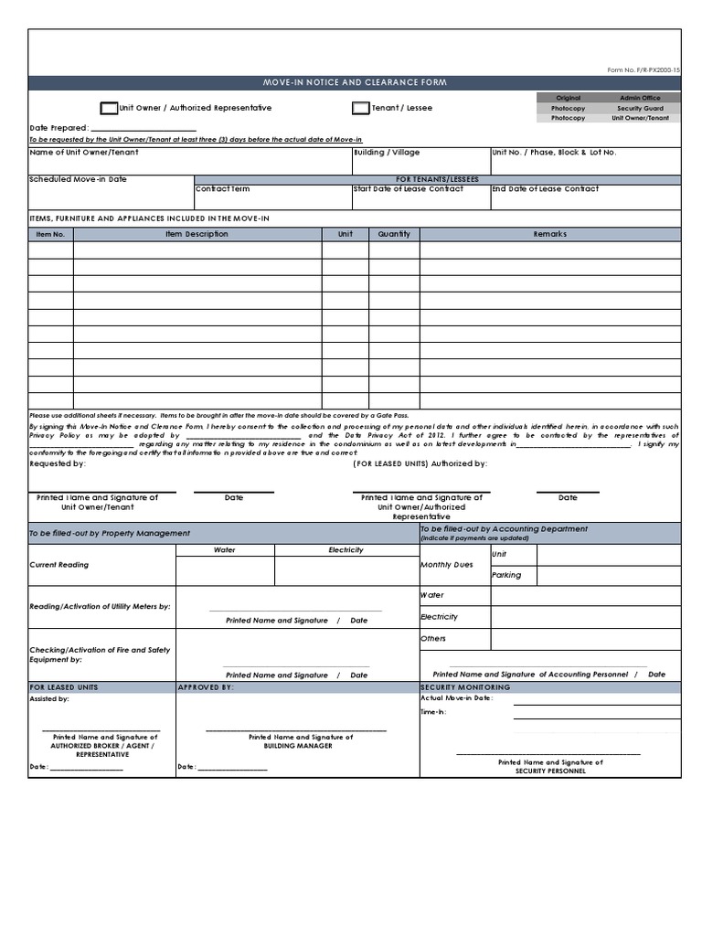 Move-In Notice and Clearance Form | PDF | Lease | Common Law