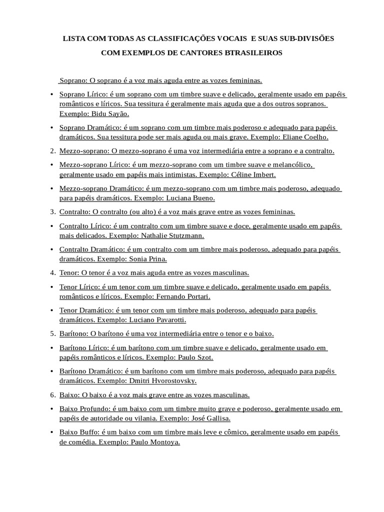 Classificações Vocais e Exemplos Brasileiros | PDF