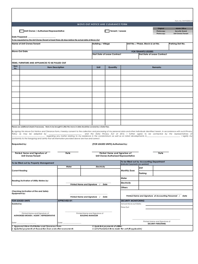 Tenant Move-Out Clearance Form | PDF | Lease | Business