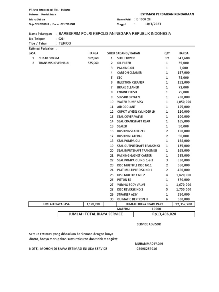 Estimasi Biaya Service B 1050 QH - CH 140.000 KM URGENT | PDF