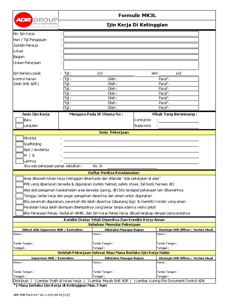 ADR-SHE-Form-017 (Ijin Kerja Di Ketinggian) | PDF