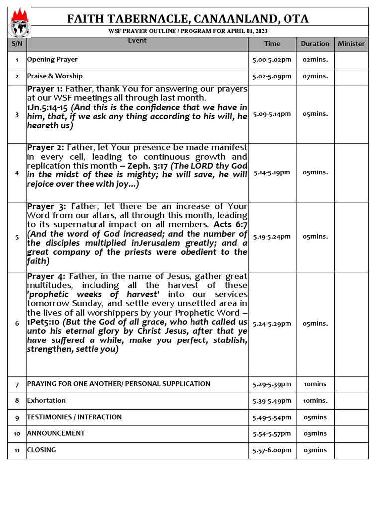 Faith Tabernacle, Canaanland, Ota: WSF Prayer Outline / Program For ...