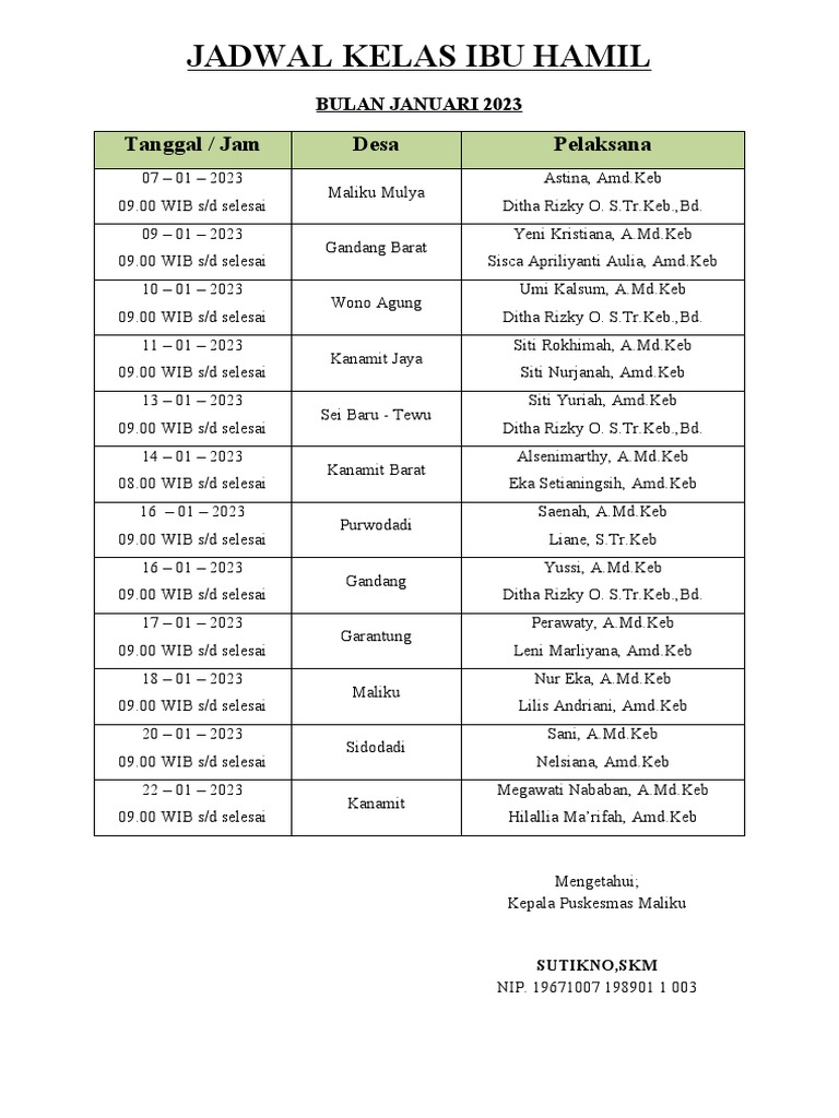 Jadwal Kelas Ibu Hamil Dan Ibu Balita | PDF