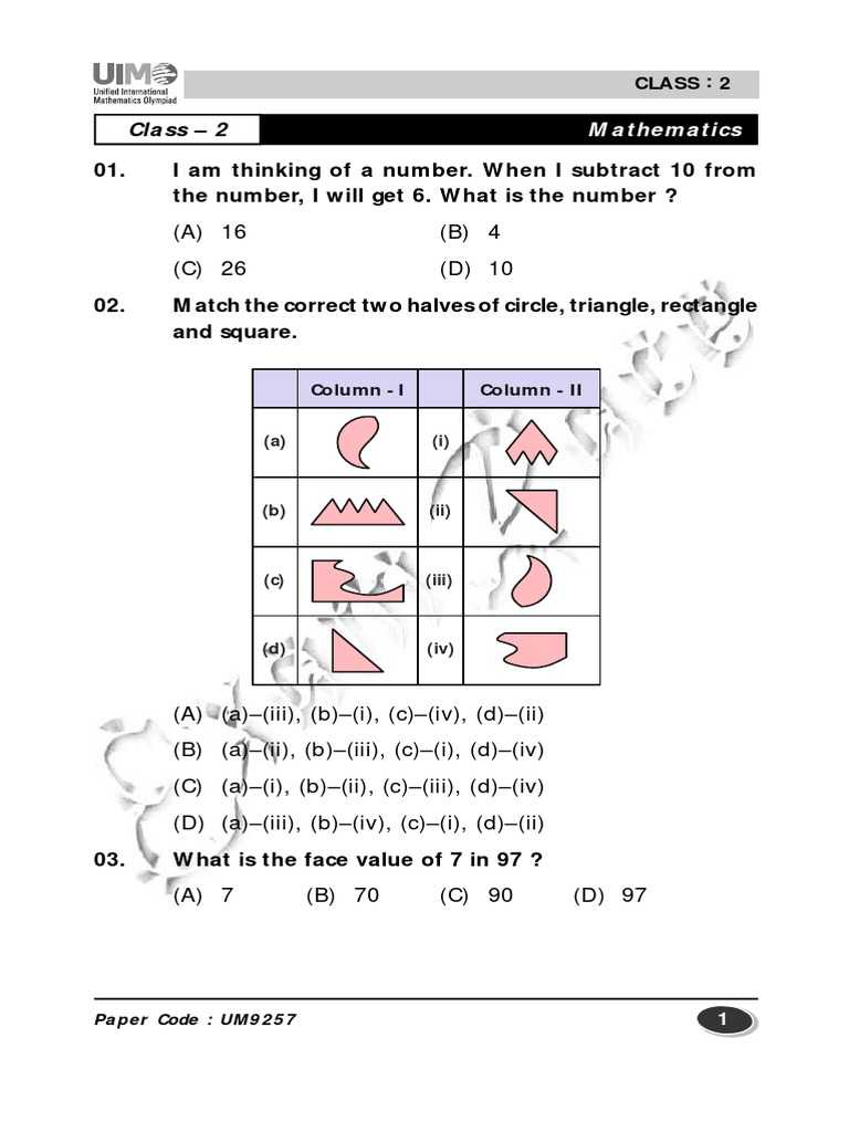 UIMO Class 2 Paper 2021 | PDF | Elementary Mathematics | Mathematics