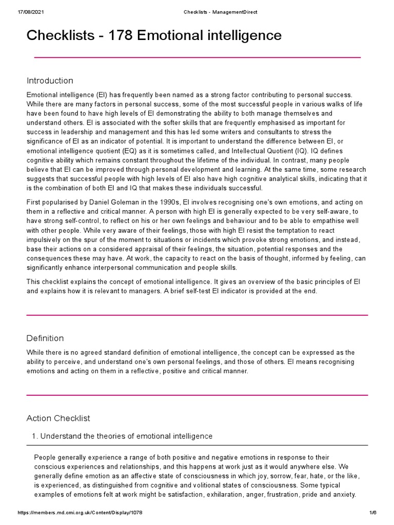 Emotional Intelligence - Checklist | PDF | Emotional Intelligence | Emotions