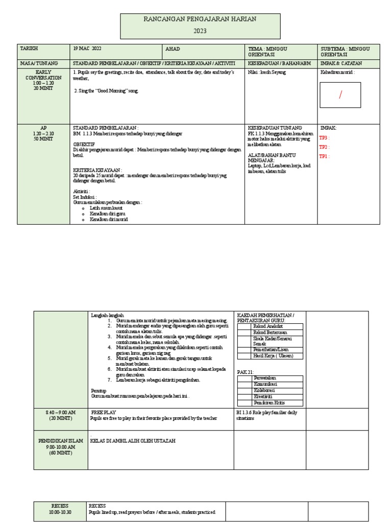 RPH 2023 Prasekolah Minggu 01 | PDF