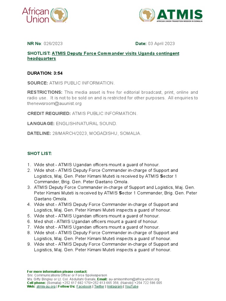 ATMIS Deputy Force Commander Visits Uganda Contingent Headquarters | PDF | Al Shabaab (Militant ...