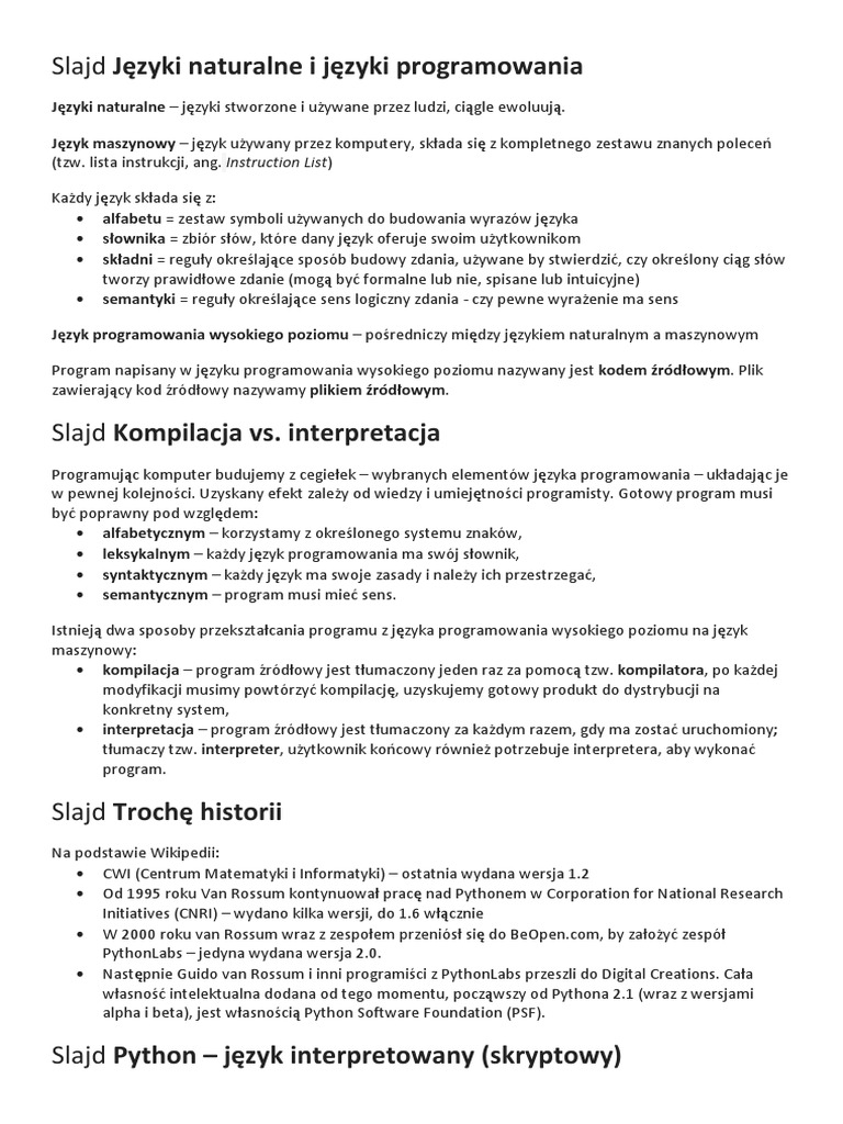 Informatyka - Język PYTHON Cz. 1 Uzupelnienie | PDF