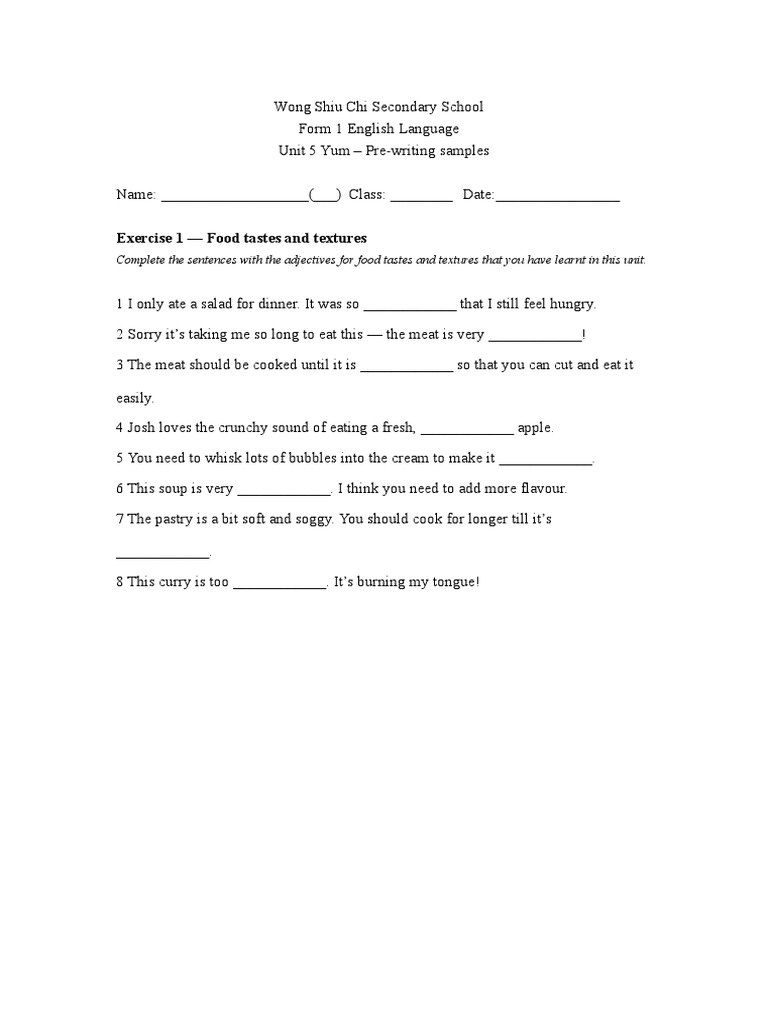 Exercise 1 - Food Tastes and Textures | PDF | Cooking | Sauce