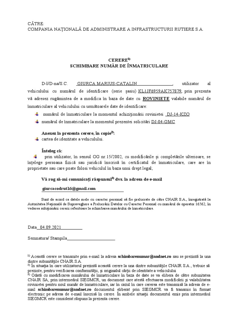 Formular Cerere Schimbare Numar | PDF