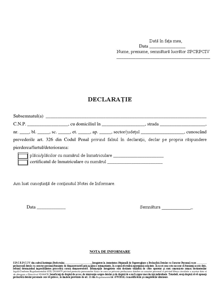 Declaratie Pierdere Acte Auto Sau Numere Inmatriculare | PDF