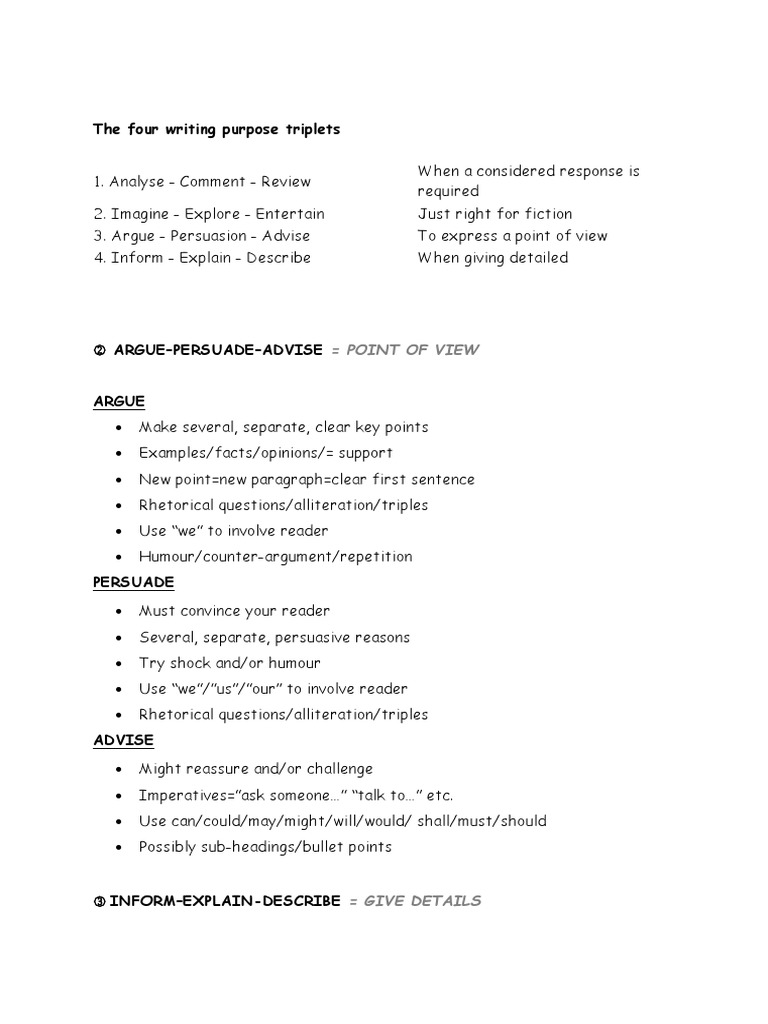 The Four Writing Purpose Triplets Revision | PDF | Rhetoric | Cognition