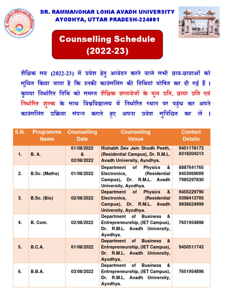 Counselling Schedule | PDF