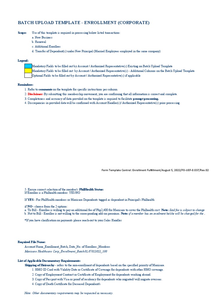 Batch Upload Template - Enrollment (Corporate) : Scope | PDF | Fee | Service Industries