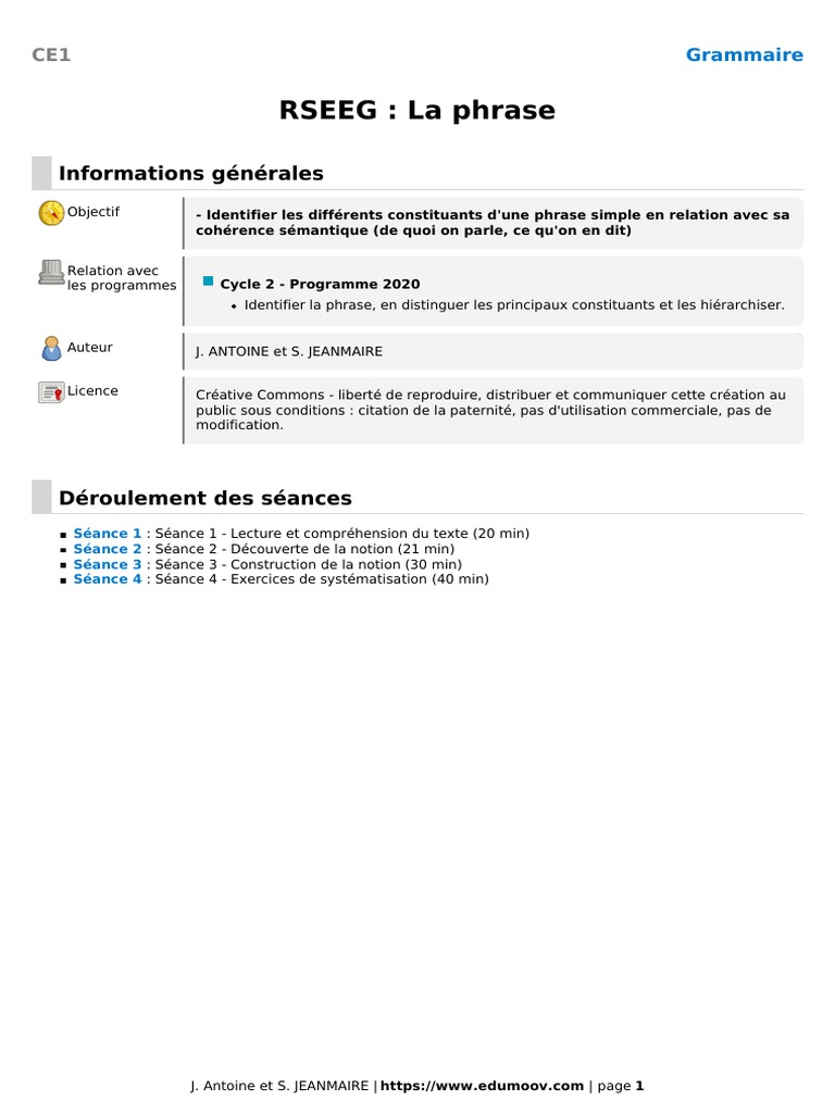RSEEG CE1 : La phrase en grammaire | PDF | Phrase | Cognition