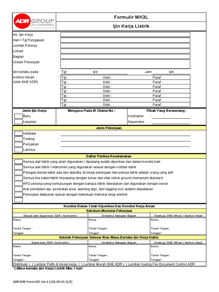 ADR-SHE-Form-020 (Ijin Kerja Listrik) | PDF