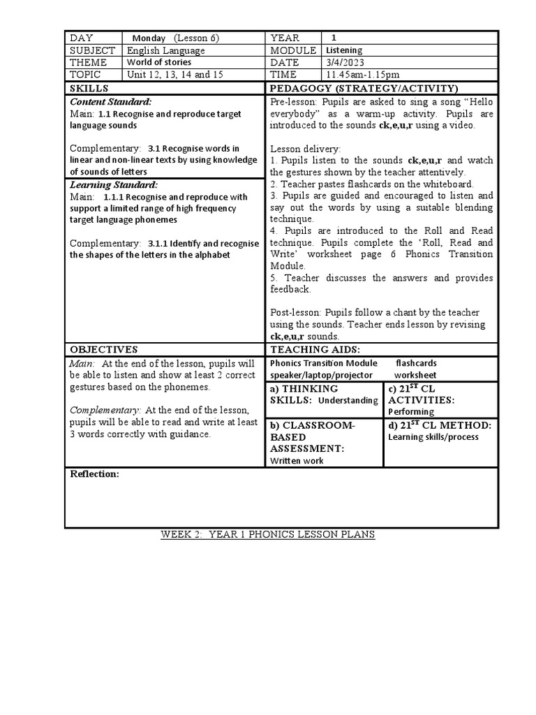 Week 2 Year 1 Phonics Lesson Plan | PDF | Phonics | Teachers