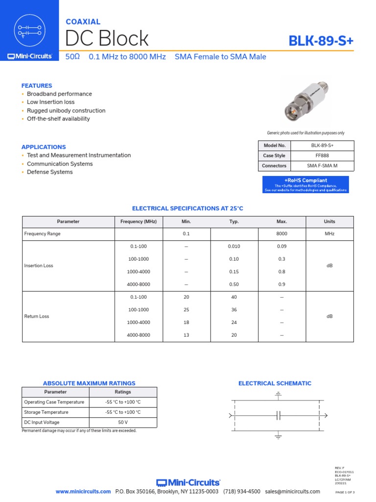 Technical Specifications and Performance Data for a Coaxial DC Block ...
