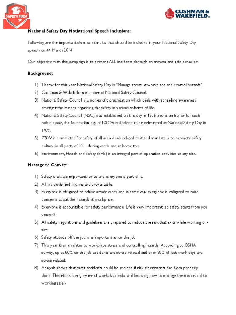 Safety Day Motivational | PDF | Occupational Safety And Health | Safety