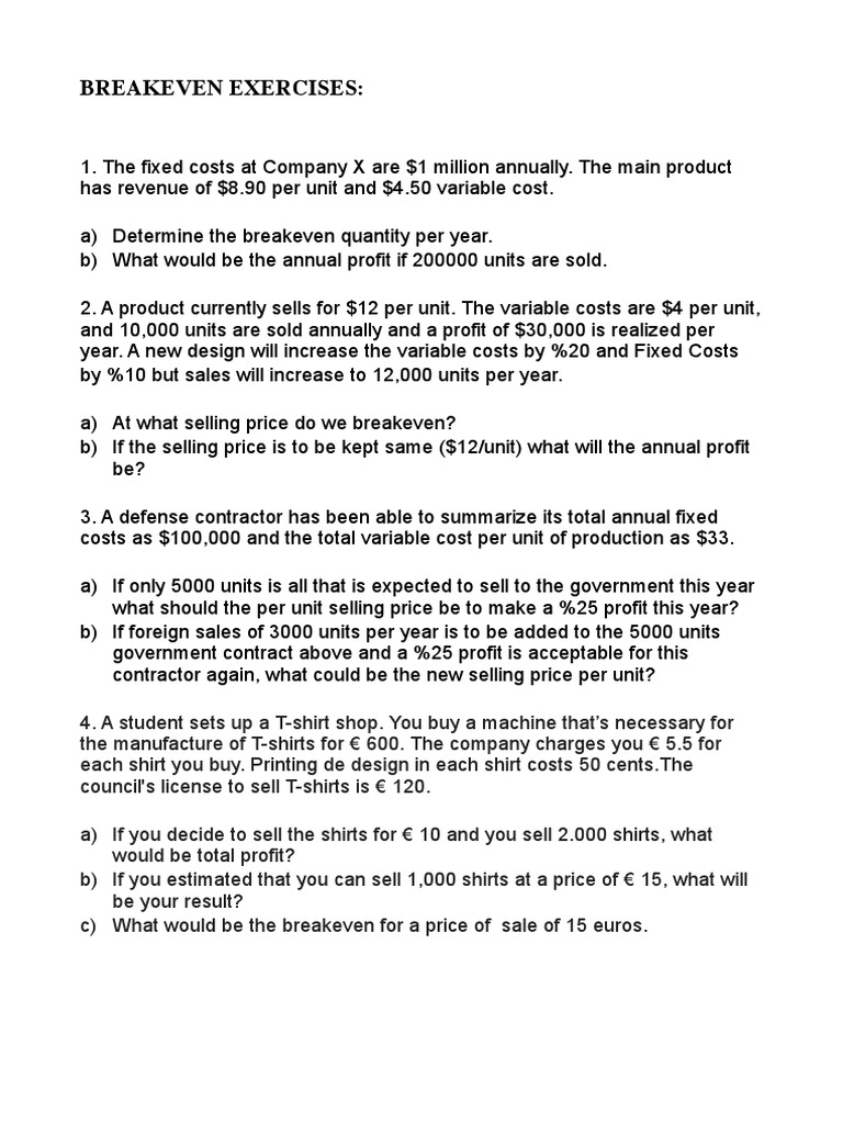 Breakeven EXERCISES | PDF | Profit (Economics) | Marketing