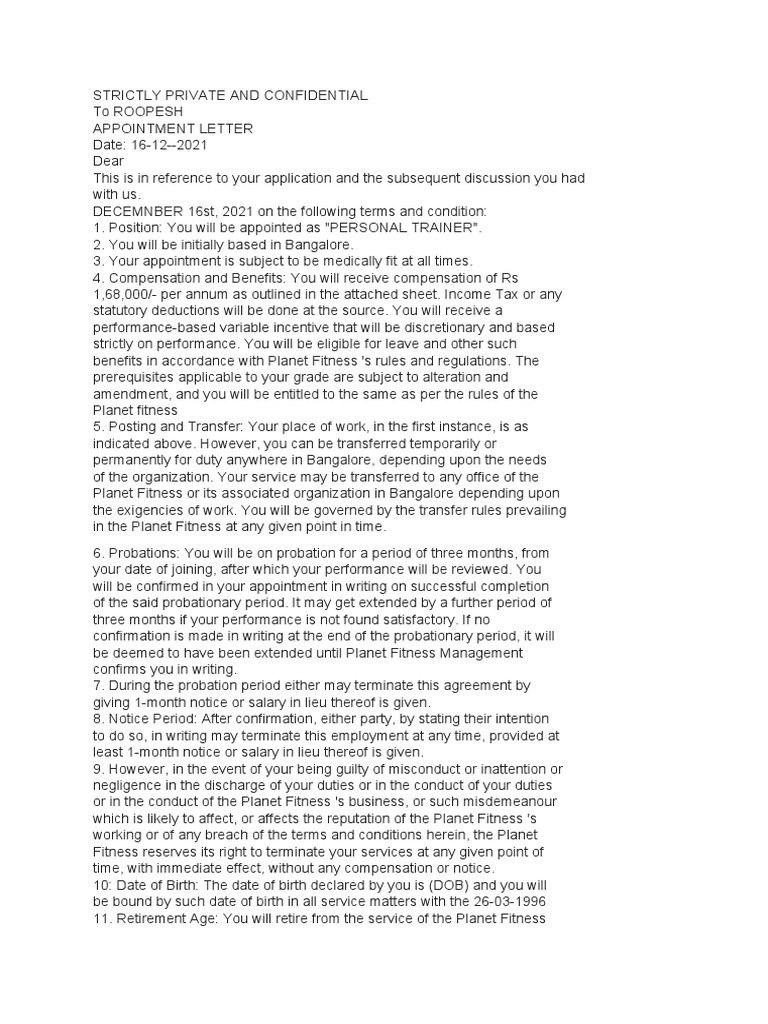 Planet Fitness Offer Letter | PDF | Employment | Government