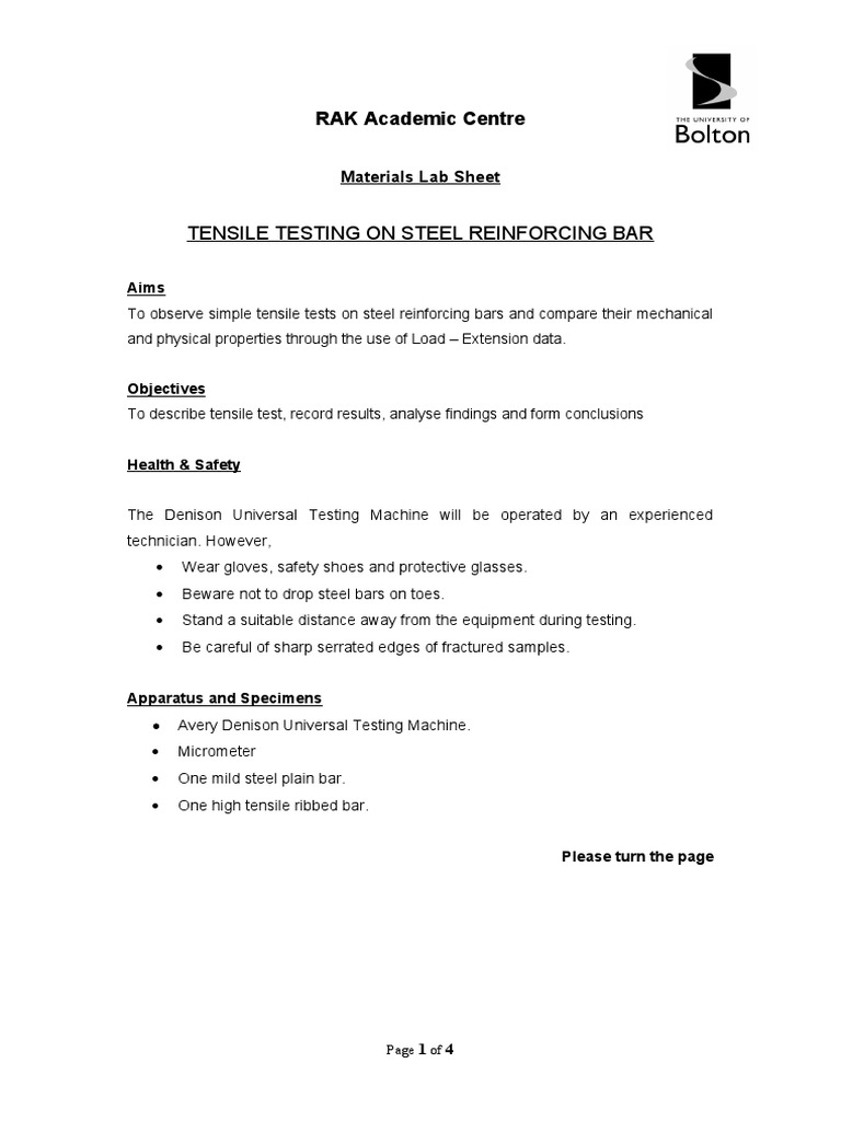 Lab Sheet Tensile Test Steel Bar | PDF | Deformation (Engineering ...
