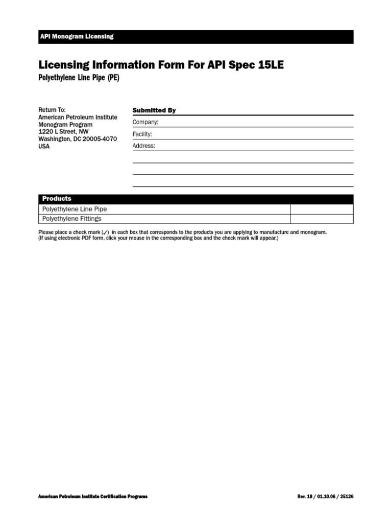 Licensing Information Form For API Spec 15LE: Polyethylene Line Pipe (PE) | PDF