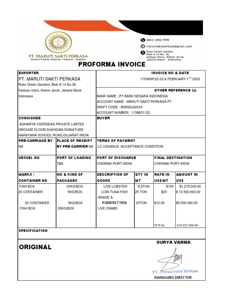 Proforma Invoice: Pt. Maruti Sakti Perkasa | PDF